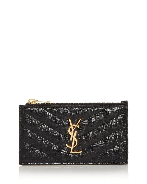 Saint Laurent Cassandre Matelasse Fragments Zipped Card Case - Black Grain Leather/gold