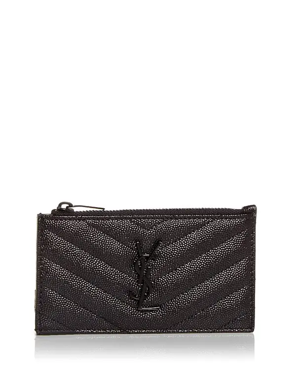 Saint Laurent Cassandre Matelasse Fragments Zipped Card Case - Black Lambskin And Shiny Leather/black