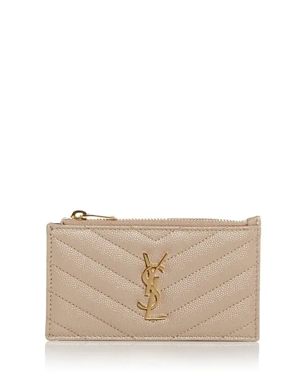 Saint Laurent Cassandre Matelasse Fragments Zipped Card Case - Dark Beige Grain Leather/gold