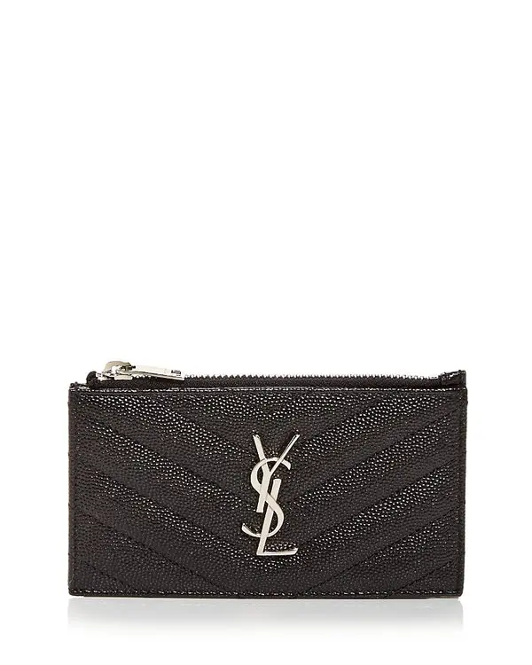Saint Laurent Cassandre Matelasse Fragments Zipped Card Case - Noir Lambskin And Shiny Leather/silver