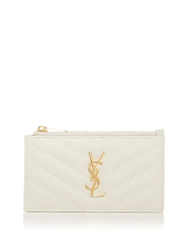 Saint Laurent Cassandre Matelasse Fragments Zipped Card Case - White Grain Leather/gold