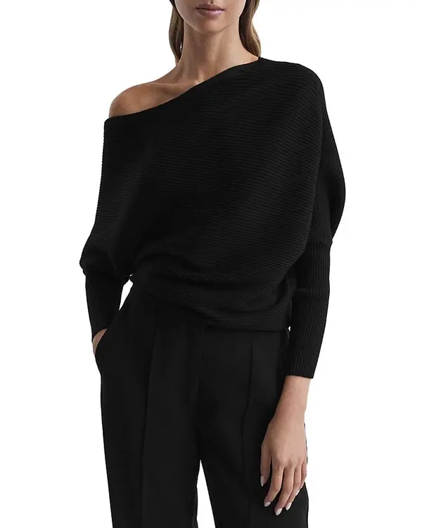 REISS Lorna Asymmetric Draped Knitted Jumper - Black