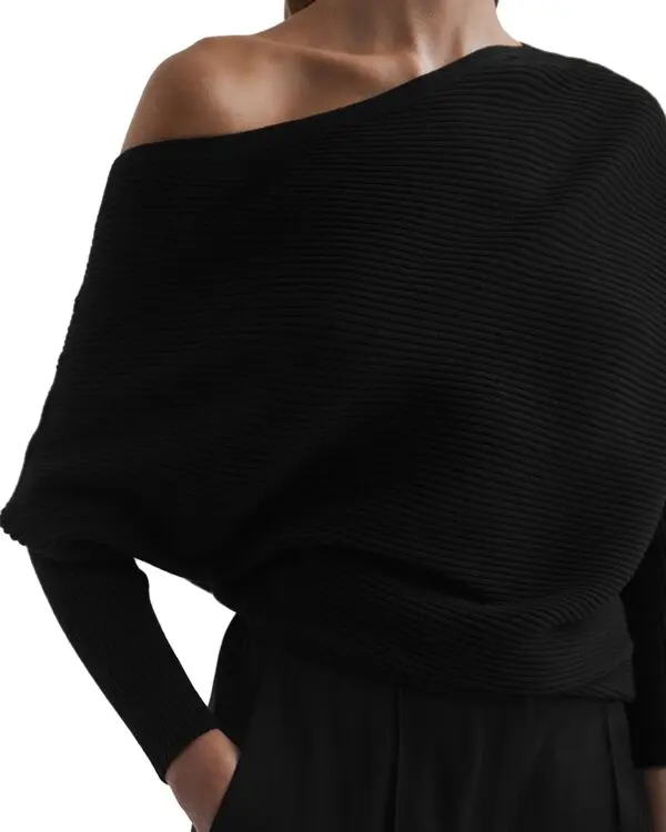 REISS Lorna Asymmetric Draped Knitted Jumper - Black