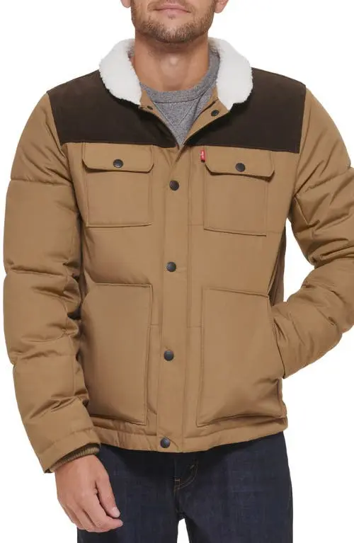 LEVI'S High Pile Fleece Puffer Jacket - Tan Dark Brown Corduroy Yoke