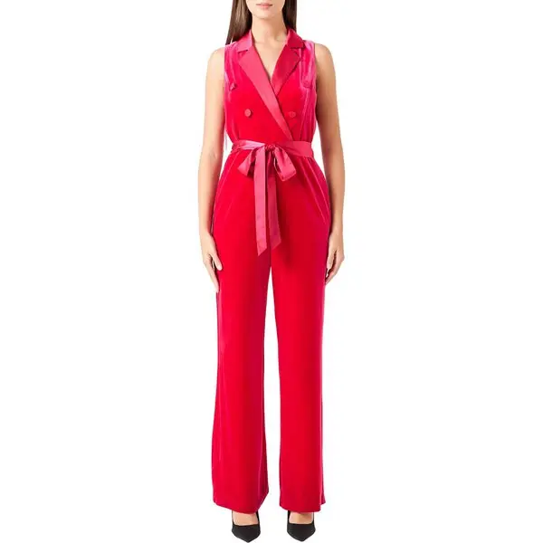 Endless Rose Satin Trim Velvet Jumpsuit - Fuchsia