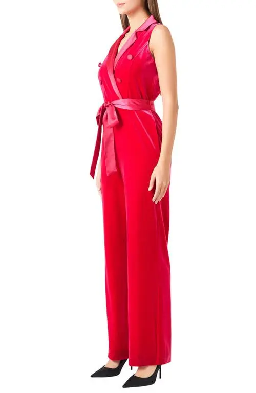 Endless Rose Satin Trim Velvet Jumpsuit - Fuchsia