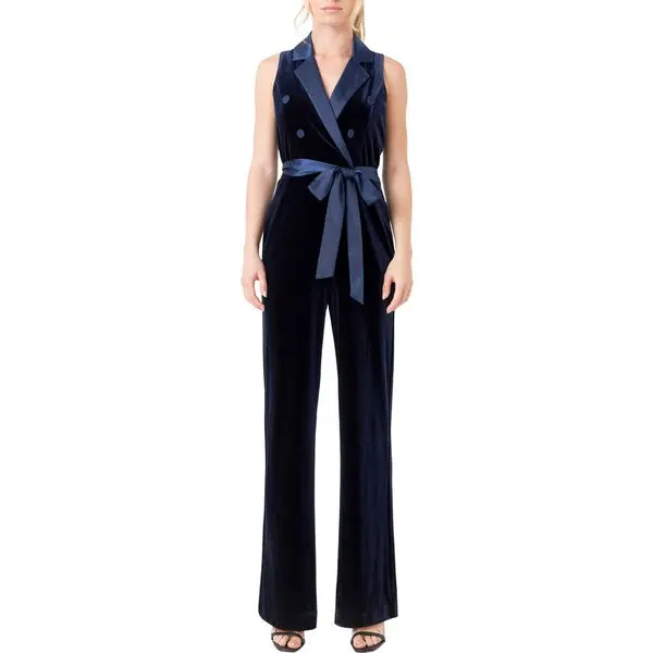 Endless Rose Satin Trim Velvet Jumpsuit - Navy