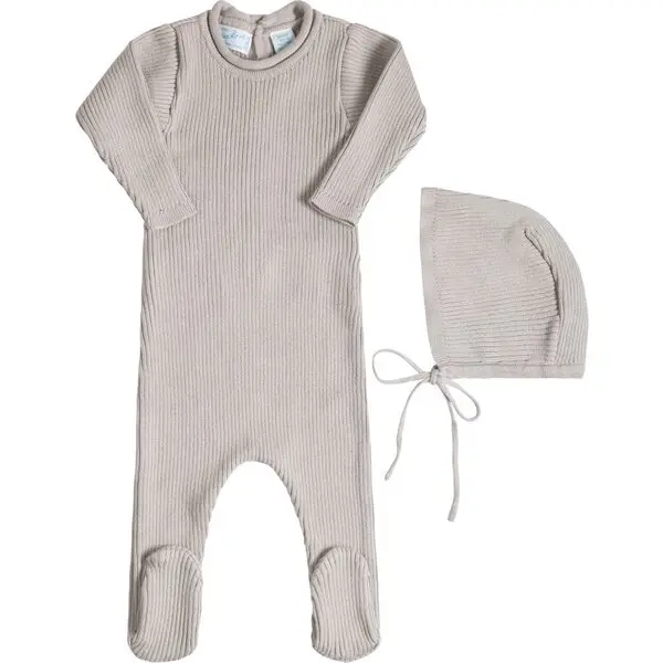 FELTMAN BROTHERS Rolled Collar Rib Knit Footie And Bonnet Set - Soft Grey