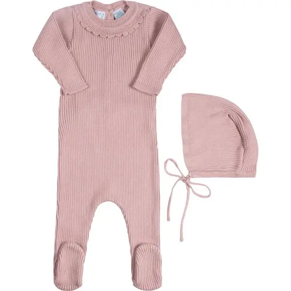 FELTMAN BROTHERS Ruffled Collar Rib Romper & Bonnet Set - Mauve
