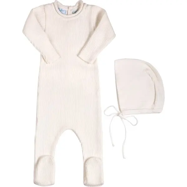 FELTMAN BROTHERS Rolled Collar Rib Knit Footie And Bonnet Set - Ivory