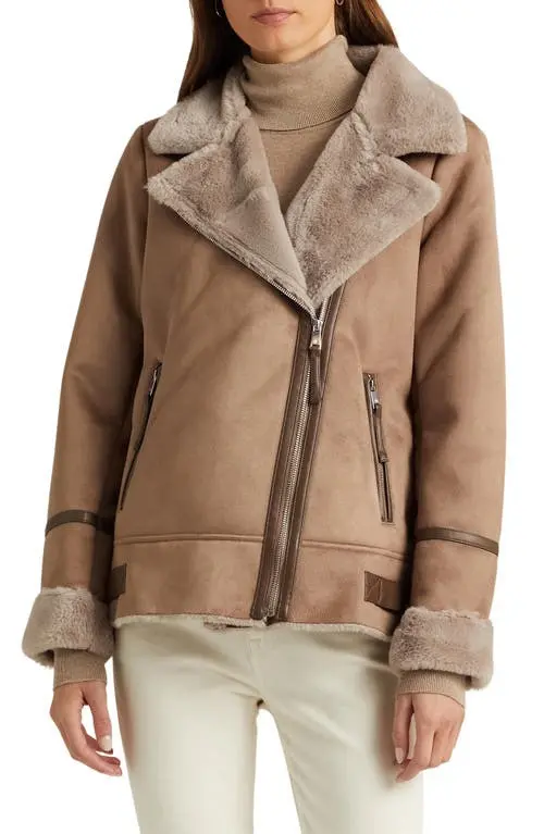 Ralph Lauren Faux Shearling Moto Jacket - Truffle