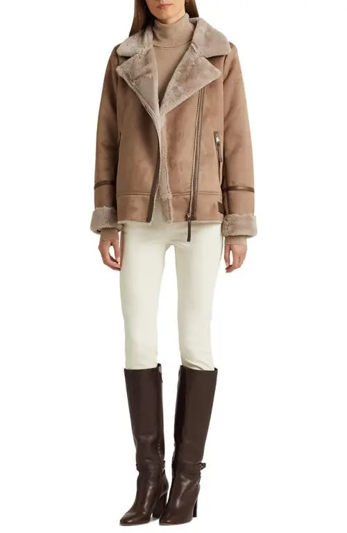 Ralph Lauren Faux Shearling Moto Jacket - Truffle