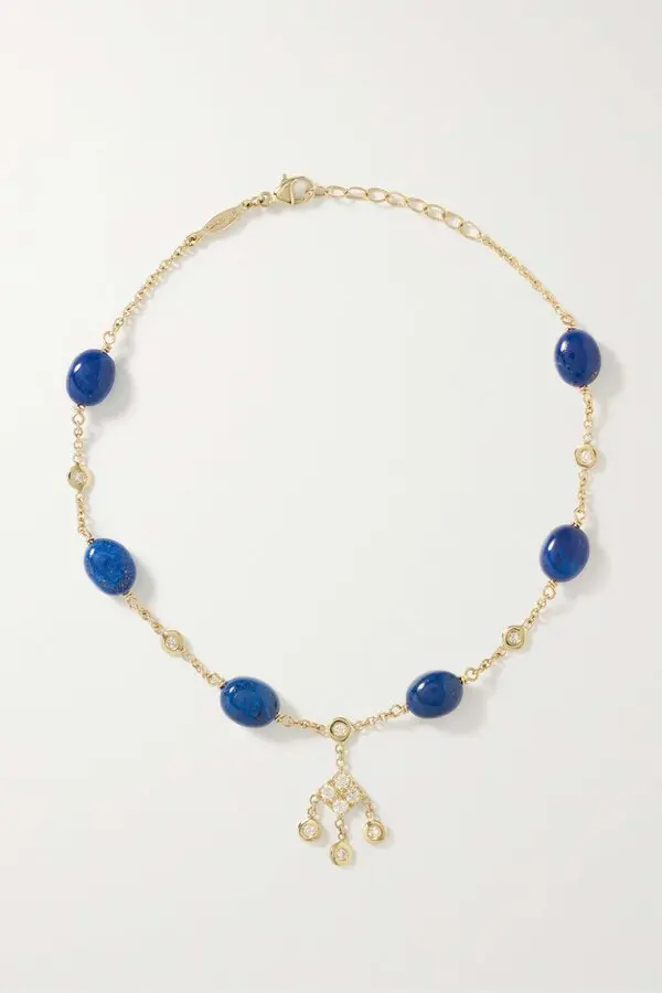Jacquie Aiche Shaker 14-karat Gold, Diamond And Lapis Lazuli Anklet