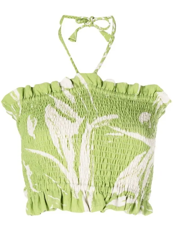 BAMBAH Linden Cropped Top Floral Print Halterneck - Green