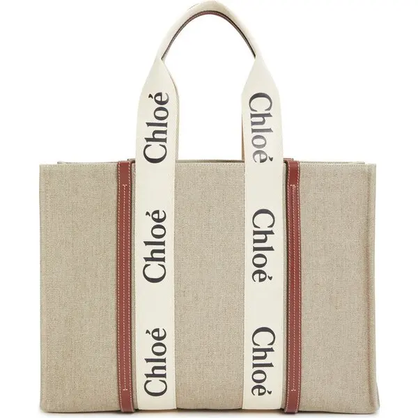 Chloé Large Woody Linen Tote - White - Brown 1
