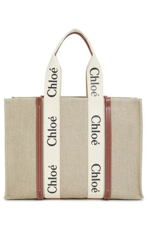 Chloé Large Woody Linen Tote - White - Brown 1