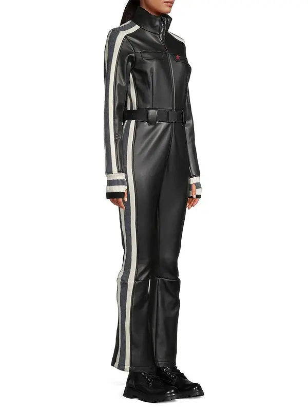 Perfect Moment Crystal Belted Stripe Faux Leather Ski Suit
