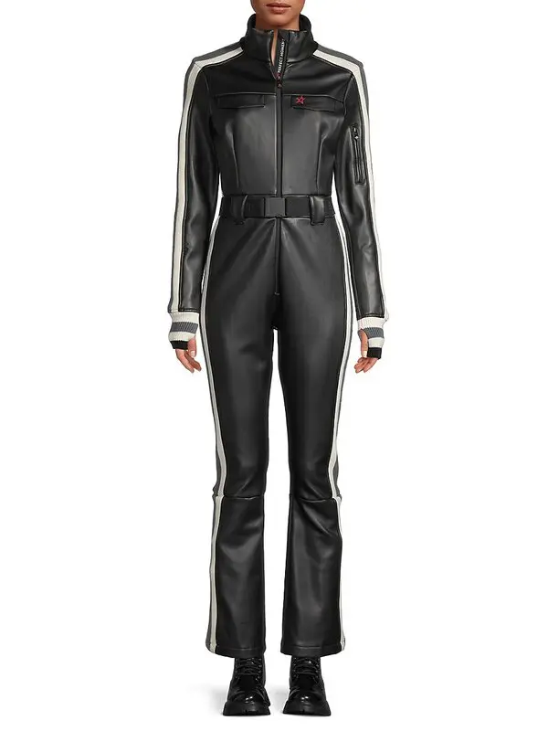 Perfect Moment Crystal Belted Stripe Faux Leather Ski Suit