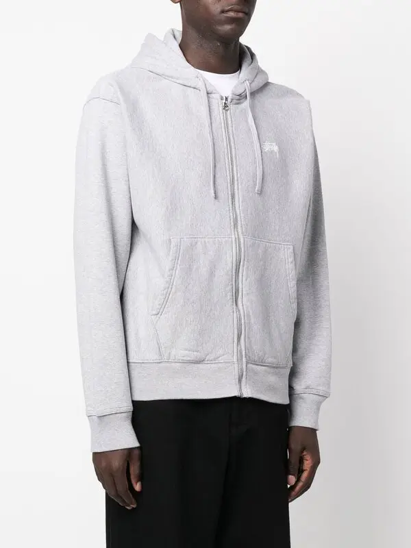 StüSsy Embroidered-Logo Zip-Up Hoodie - Grey | Editorialist