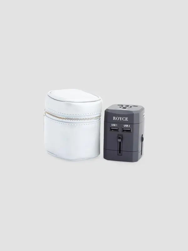 ROYCE NEW YORK Travel Adapter & Leather Case - Silver