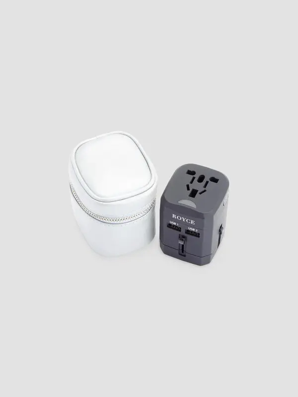 ROYCE NEW YORK Travel Adapter & Leather Case - Silver