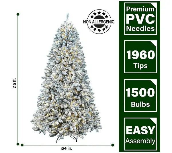 FRASER HILL FARM 7.5' Flocked Winter Snow Pine Hristmas Tree