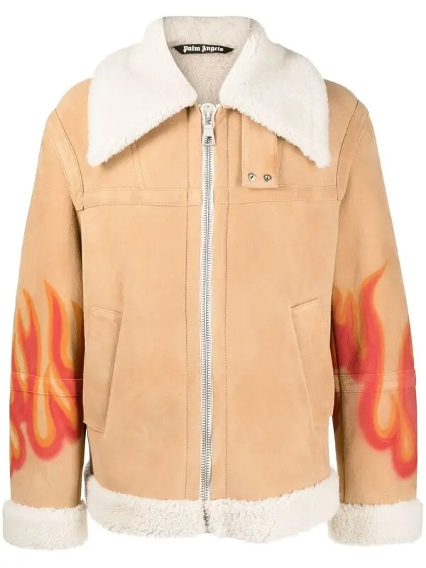 Palm Angels Flame-print Shearling Jacket - Neutrals
