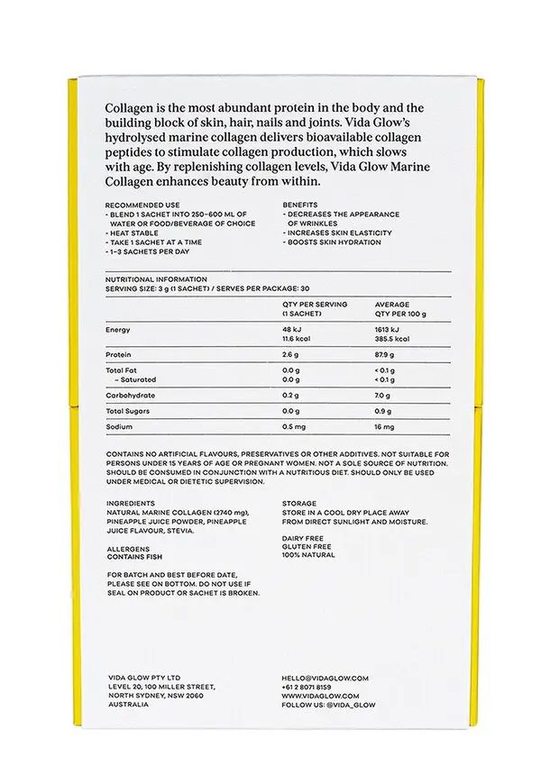 VIDA GLOW Natural Marine Collagen Sachets, Supplements - Pineapple