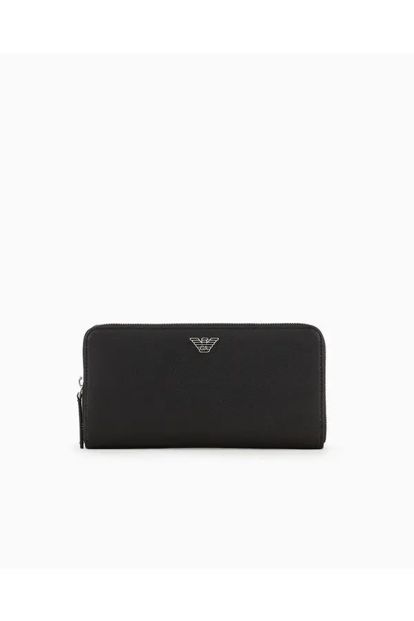 Emporio Armani Asv Regenerated Saffiano Leather Zip-around Wallet With Eagle Plate - Black
