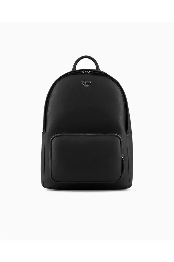 Emporio Armani Saffiano Leather Round Backpack With Eagle Plate - Black