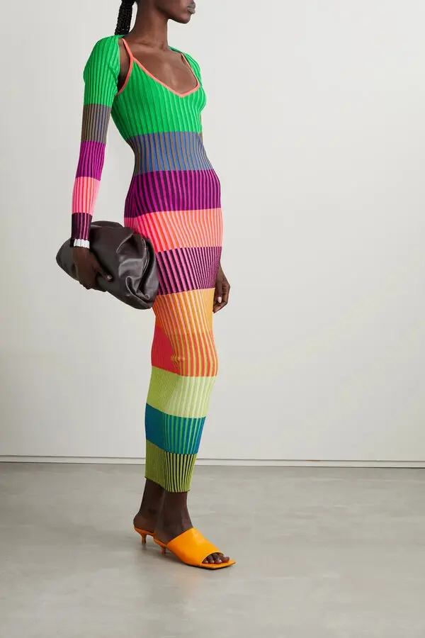 Christopher John Rogers Cutout Striped Ribbed-knit Maxi Dress