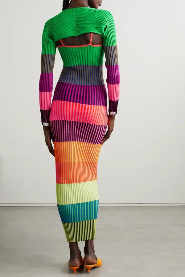 Christopher John Rogers Cutout Striped Ribbed-knit Maxi Dress