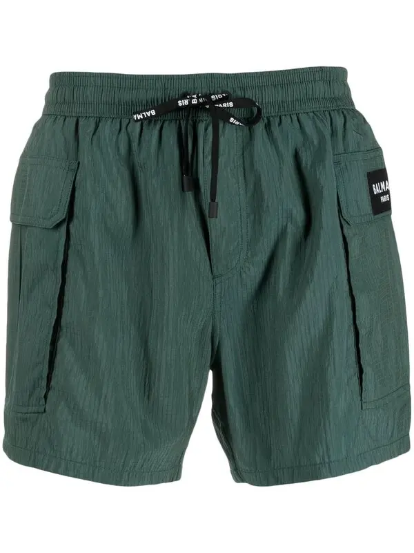 Balmain Logo-patch Drawstring Swim Shorts - Green