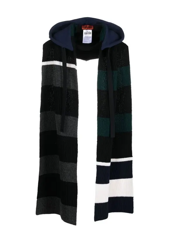 Colville Stripe-pattern Wool Scarf Hoodie - Blue