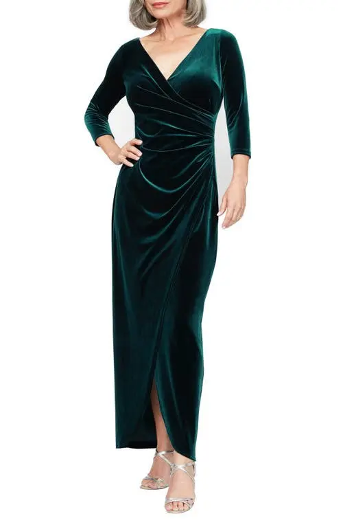 Alex Evenings Ruched Three-quarter Sleeve Velvet Gown - Forest