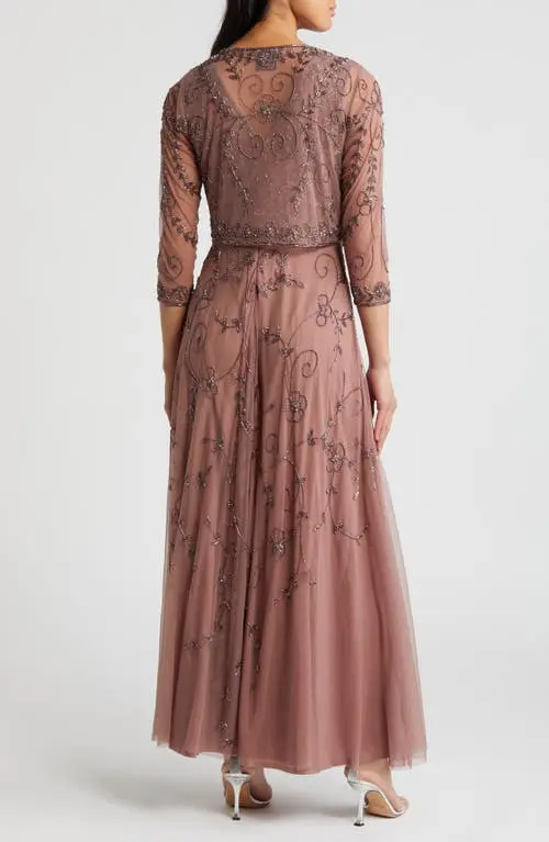 Pisarro Nights Beaded Mesh Gown With Jacket - New Mauve