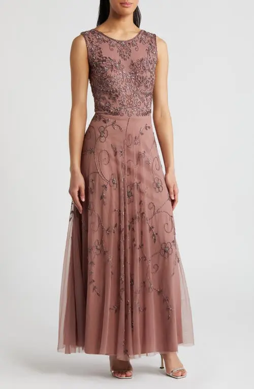 Pisarro Nights Beaded Mesh Gown With Jacket - New Mauve
