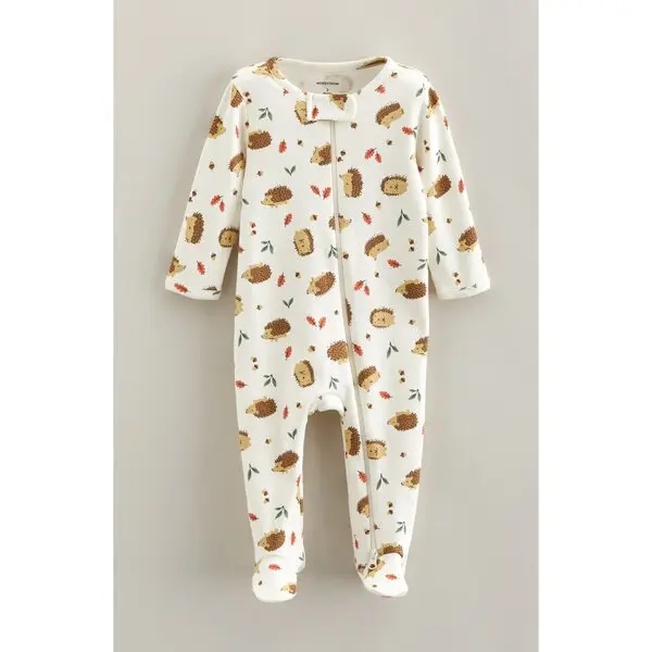 Nordstrom Print Zip Cotton Footie - Ivory Egret Autumn Hedgehogs