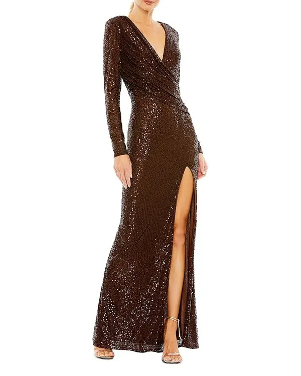 Mac Duggal Sequined Faux Wrap Gown - Chocolate