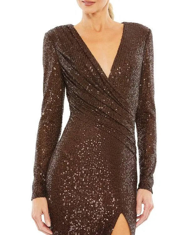 Mac Duggal Sequined Faux Wrap Gown - Chocolate
