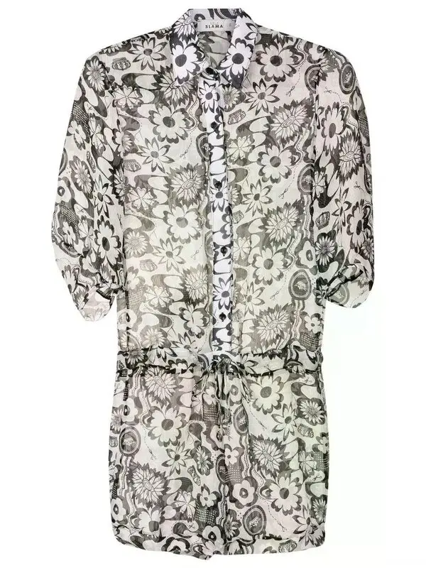 AMIR SLAMA Floral Print Silk Playsuit - Neutrals