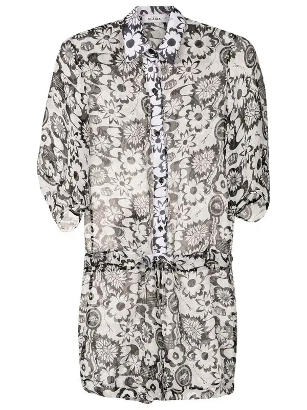 AMIR SLAMA Floral Print Silk Playsuit - White