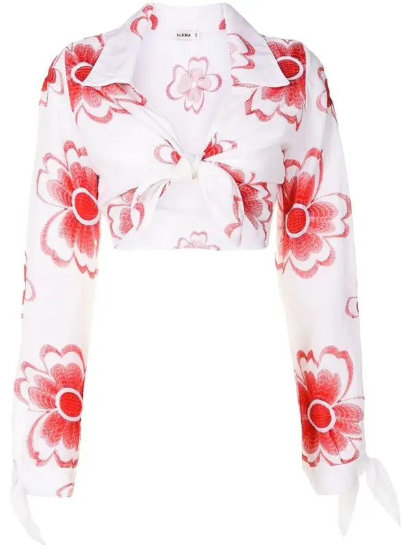 AMIR SLAMA Floral-embroidered Cropped Shirt - White