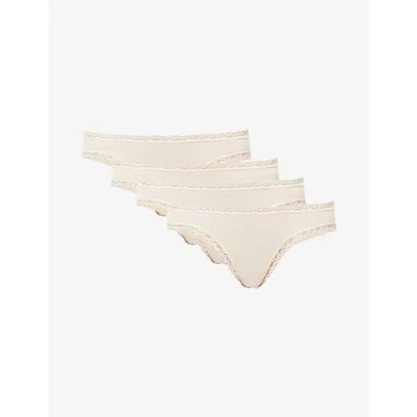 STRIPE & STARE Low-rise Pack Of Four Stretch-woven Thongs - Sand