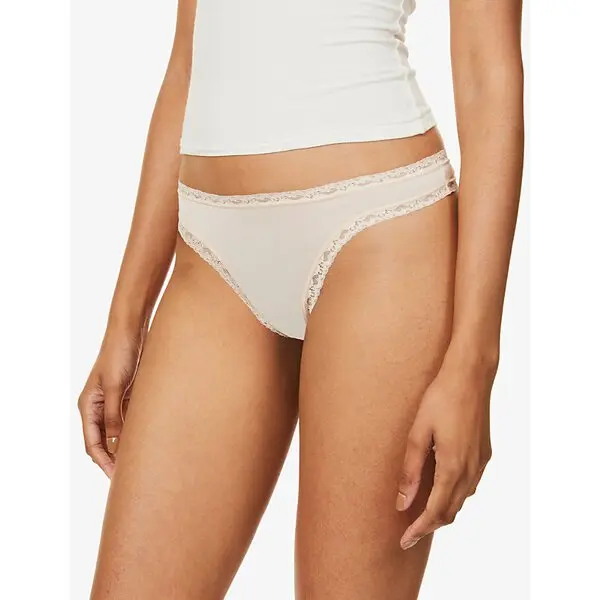 STRIPE & STARE Low-rise Pack Of Four Stretch-woven Thongs - Sand