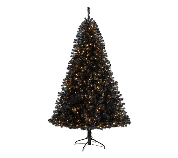 NEARLY NATURAL 7' Black Christmas Tree W/500 Li Hts