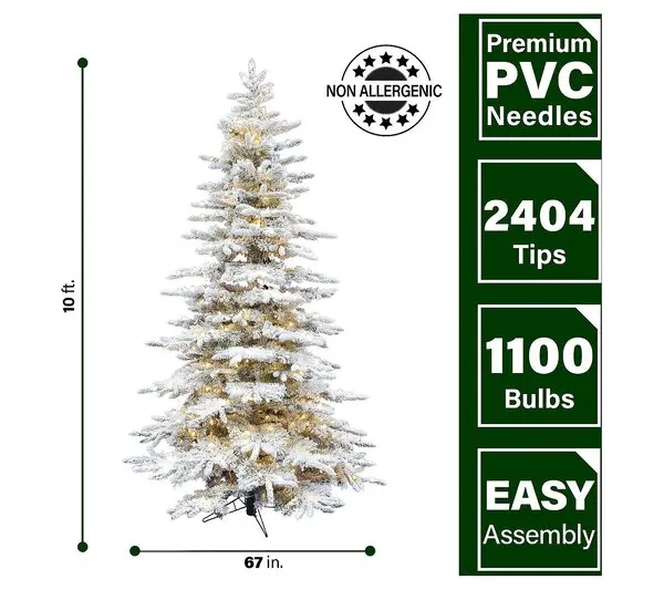 FRASER HILL FARM 10'h Flocked Mountain Pine Chr Istmas Tree
