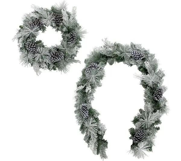 FRASER HILL FARM 24' Wreath And 6' Garland Set Ith Snow - One-color