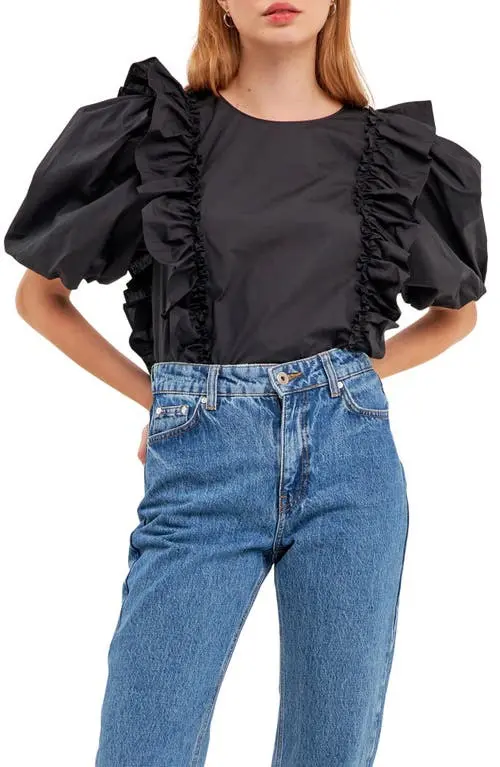 English Factory Double Ruffle Puff Sleeve Blouse - Black