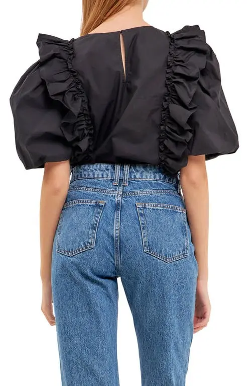 English Factory Double Ruffle Puff Sleeve Blouse - Black